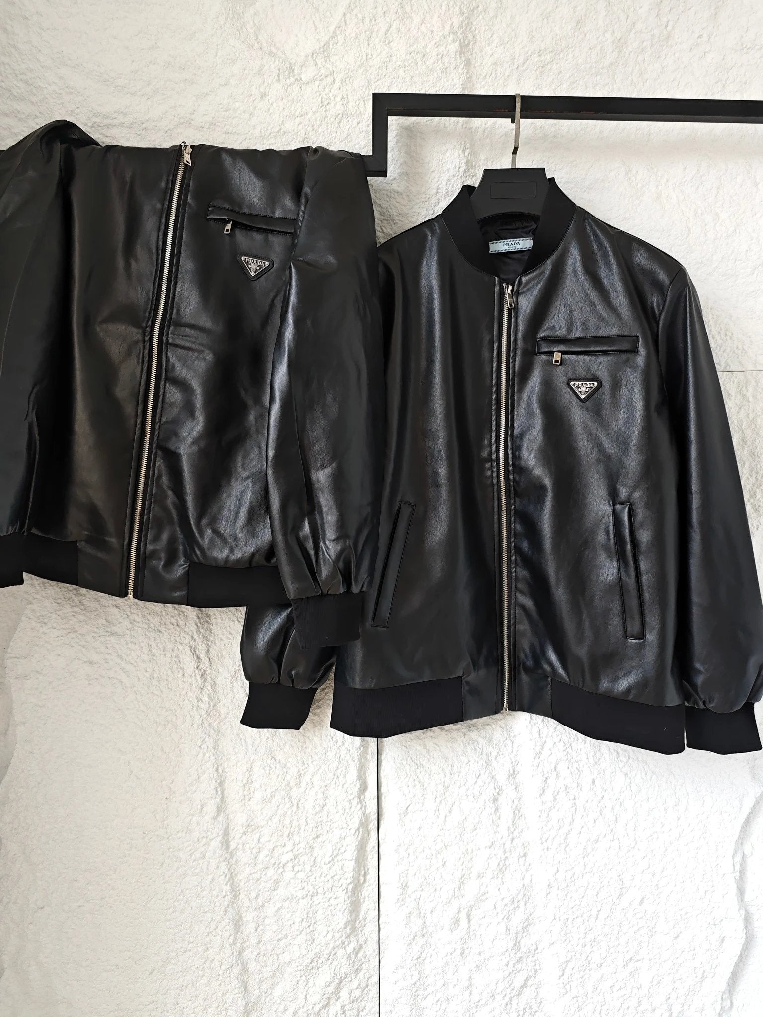 Leather Motorcycle Jacket Triangle Logo Leather Flight Jacket Light ...