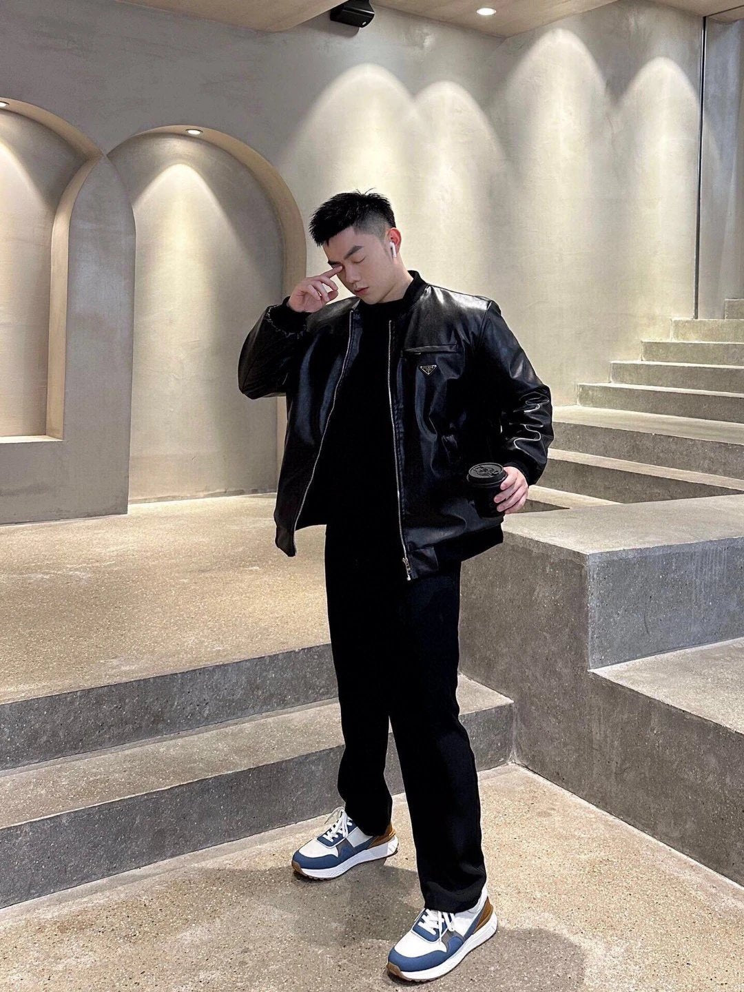 Leather Motorcycle Jacket Triangle Logo Leather Flight Jacket Light ...