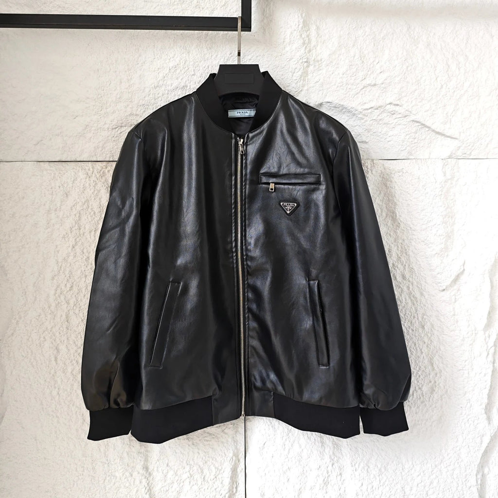 Leather Motorcycle Jacket Triangle Logo Leather Flight Jacket Light ...